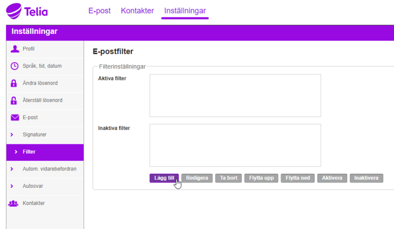 Skapa e-post filter – Telia Support Domän- & webbhotell
